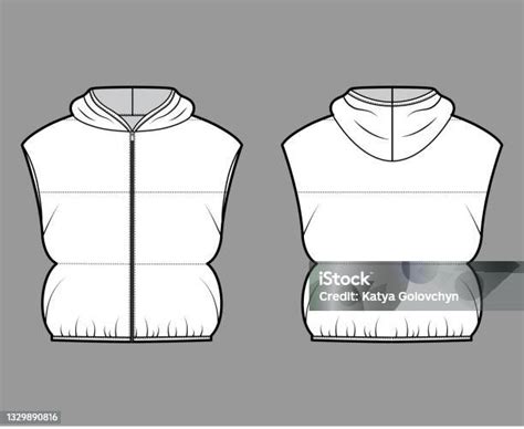 후드 다운 조끼 퍼퍼 조끼 조끼 기술 패션 일러스트 와 Zipup 클로저 느슨한 작물 길이 넓은 퀼팅 0명에 대한 스톡 벡터