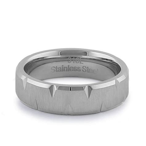 Stainless Steel Mens 6mm Brushed Diamond Cut Wedding Band