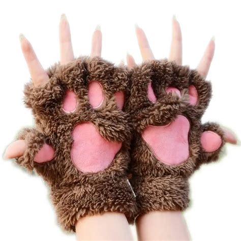 女装可爱蓬松半指手套熊猫毛绒爪子手套手套冬季保暖无指手套