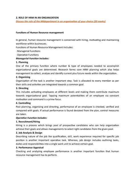 Role Of Hrm Understanding The Basis Of Hrm Role Of Hrm In An Organization Discuss The