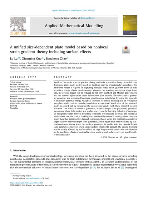 Pdf A Unified Size Dependent Plate Model Based On Nonlocal Strain