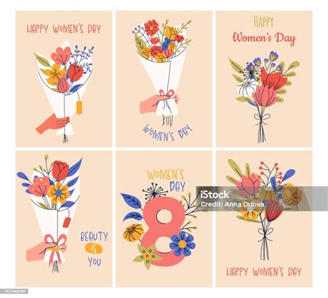 인사말 카드 또는 엽서 템플릿의 컬렉션입니다 3월 8일 세계 여성의 날 소녀의 힘 페미니즘 자매애 개념 International Womens Day에 대한 스톡 벡터 아트