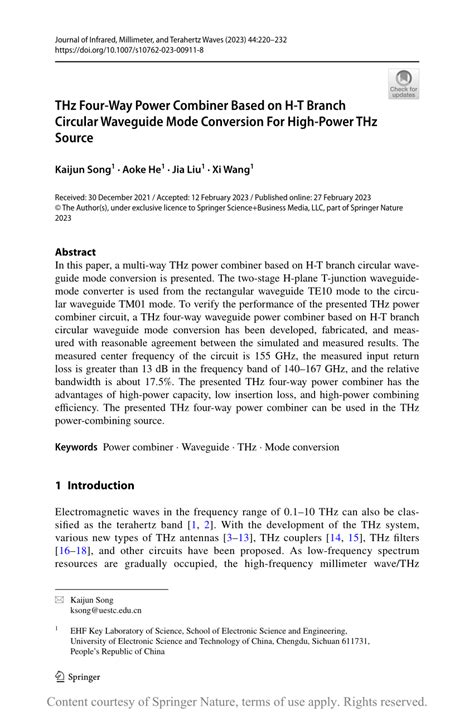 Thz Four Way Power Combiner Based On H T Branch Circular Waveguide Mode Conversion For High