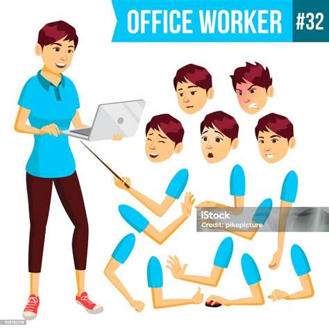 사무실 작업자 벡터입니다 여자입니다 행복 한 서 기 하 인 직원입니다 비즈니스 여자 사람입니다 여자 얼굴 감정 다양 한 제스처 애니메이션 설정 플랫 문자 그림 개념에 대한