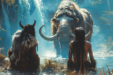 stone age mammoth predator surrounded by primitive men with weapons