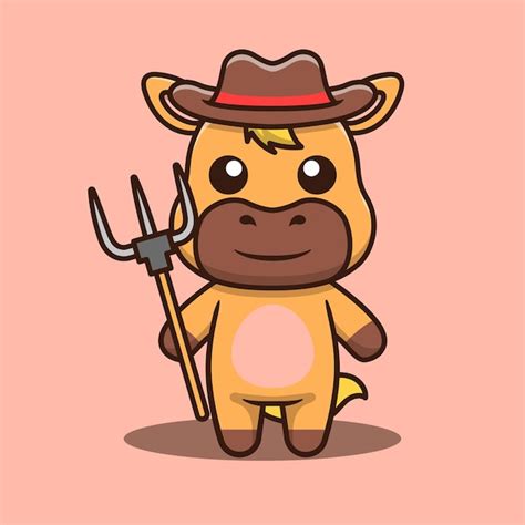 건초 괭이를 들고 귀여운 말 카우보이 마스코트 프리미엄 벡터