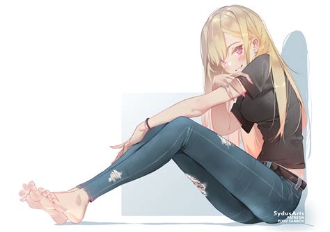 Safebooru 1girl Barefoot Black Shirt Blonde Hair Blue Pants Blush