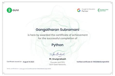 Finished A Python Course With Guvi Gangatharan Subramani Posted On