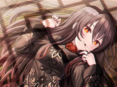 Beautiful Anime Woman With Red Eyes And Long Hair Looking Down While