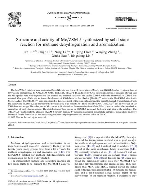 Pdf Structure And Acidity Of Mo Zsm 5 Synthesized By Solid State Reaction For Methane