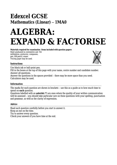 Edexcel Gcse Mathematics Linear Algebra Expand And Factorise Printable Pdf Download