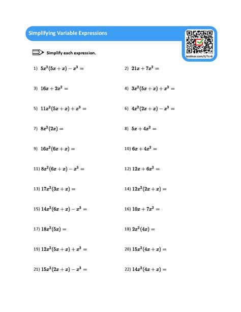 Simplifying Variable Expressions Worksheets