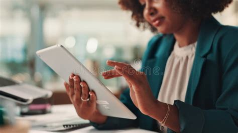 Tablet Scroll And Hands Of Woman In Office With Research Communication Or Creative Report For