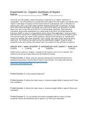 Experiment 11 Aspirin Lab 1 Docx Experiment 11 Organic Synthesis Of Aspirin Name Date In