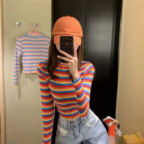 Cute Striped High Neck Slim Sweater Nada Outfit Land