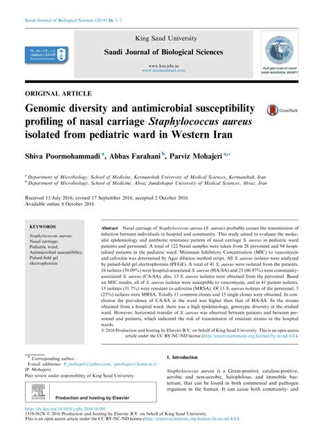 Pdf Genomic Diversity And Antimicrobial Susceptibility Profiling Of Nasal Carriage