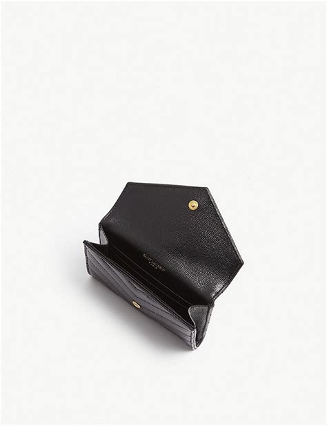 Ysl 黑色金logo皮革銀包 短銀包 Monogram粒面壓紋皮革小型信封錢包 Yves Saint Laurent Cassandre