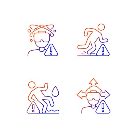 set of linear gradient vector icons for vr warning labels with manuals