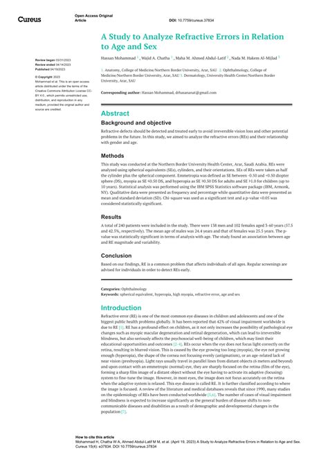 PDF A Study To Analyze Refractive Errors In Relation To Age And Sex