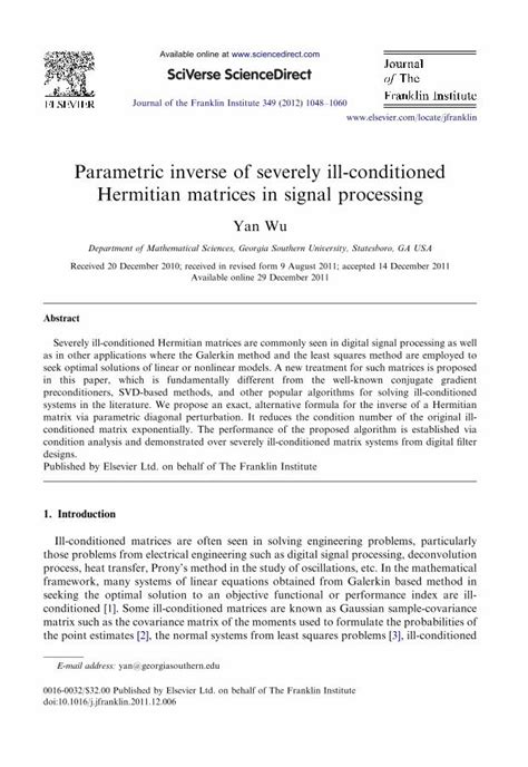 Pdf Parametric Inverse Of Severely Ill Conditioned Hermitian Matrices