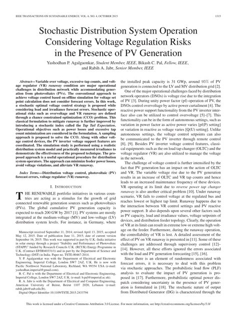 Pdf Stochastic Distribution System Operation Considering Voltage Regulation Risks In The