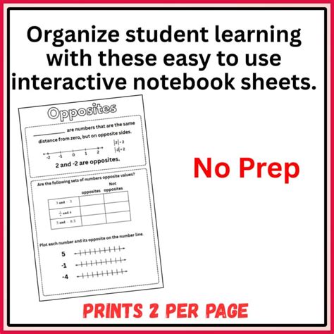 Opposite Values Interactive Notebook Sheet 7th Grade Math Numbers