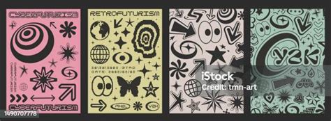 멋진 Y2k 포스터 벡터 디자인 세트 Retrofuturism 그래픽 요소 사이버펑크 플래카드 추상적인 기하학적 모양 밀레니엄에