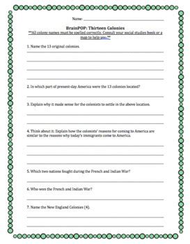 BrainPOP Thirteen Colonies By Fantastic Fifth TpT