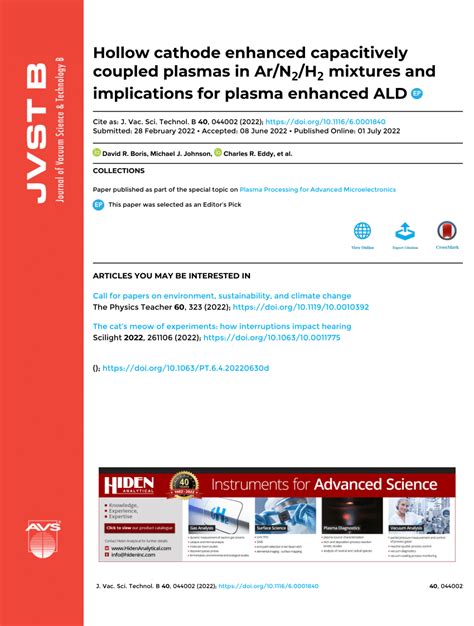 Pdf Hollow Cathode Enhanced Capacitively Coupled Plasmas In Arn 2 H 2 Mixtures And
