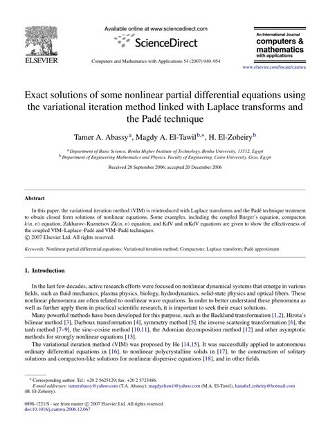 Pdf Exact Solutions Of Some Nonlinear Partial Differential Equations