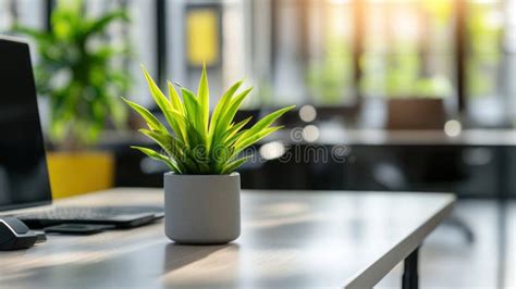 Green Plant Bringing Vibrancy To Modern Office Desk Abstract Blurred