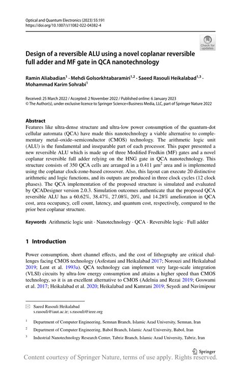 Design Of A Reversible Alu Using A Novel Coplanar Reversible Full Adder