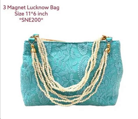 Blue Handled Cotton Lucknowi Embroided Indian Handmade Designer Bags Magnet Size Adjustablle
