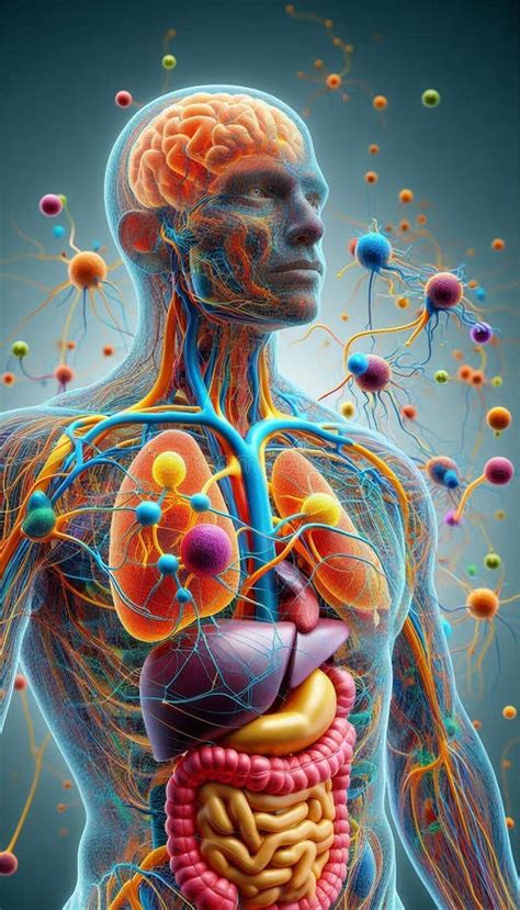 Human Anatomy With Colorful Neural Pathways And Organs Stock