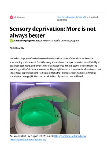 Pdf Sensory Deprivation More Is Not Always Better