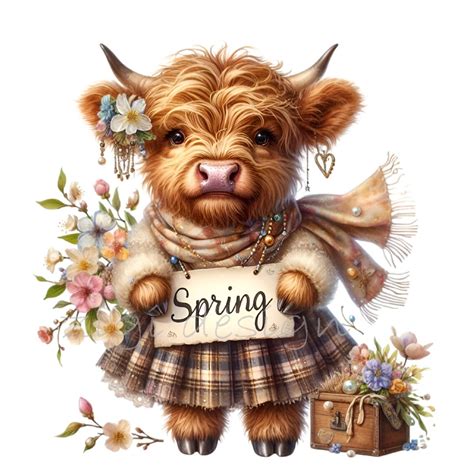 12 Spring Highland Cow Clipart Png Cute Cow In Plaid Skirt Holding