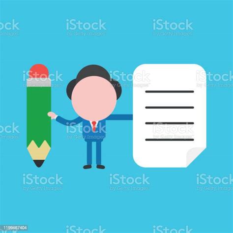 파란색 배경에 연필과 서면 종이와 사업가 캐릭터의 벡터 그림입니다 가공의 인물에 대한 스톡 벡터 아트 및 기타 이미지 가공의