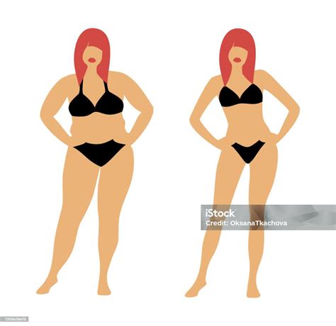 흰색 배경에 검은 수영복 정면에 빨간 머리를 가진 지방과 슬림 여성 체중 감량 전후의 벡터 일러스트레이션 과체중에 대한 스톡