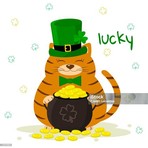 성 패 트 릭의 날입니다 녹색 요정 모자 금화 클로버와 중산에에서 빨간 줄무늬 고양이 만화 스타일 디자인을 플랫 벡터 일러스트 레이 션 3월에 대한 스톡 벡터 아트 및 기타