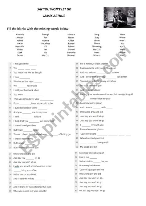 Say You Wont Let Go By James Arthur ESL Worksheet By Oliveirad
