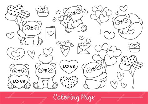 발렌타인 데이를위한 색칠 공부 페이지 아기 팬더 그리기 프리미엄 벡터