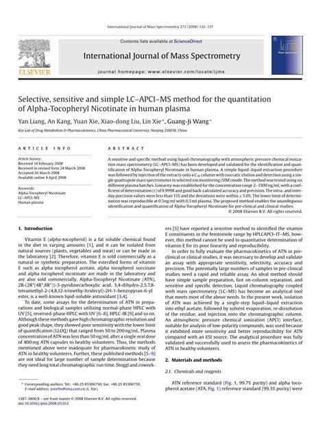 Pdf Selective Sensitive And Simple Lc Apci Ms Method For The Quantitation Of Alpha Tocopheryl
