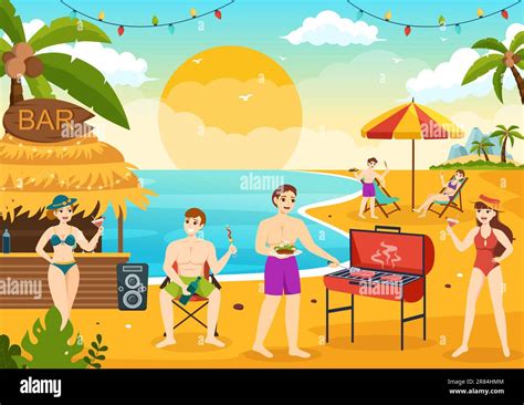 Barbecue And Grill Set Vector Illustration People Grilling Or Bbq Party