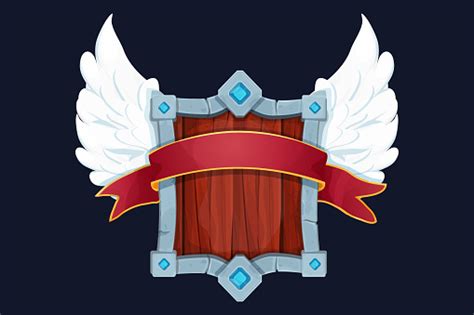 날개가 달린 돌과 나무 승리 방패 보석이 있는 중세 시대 흰색 배경에 격리된 만화 스타일의 수상 리본 게임 무기 프레임 메뉴 요소 벡터 그림 2차 도형에 대한 스톡 벡터