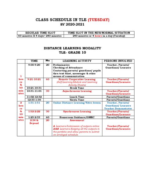 Class Schedule In Tle Tuesday Pdf Distance Education