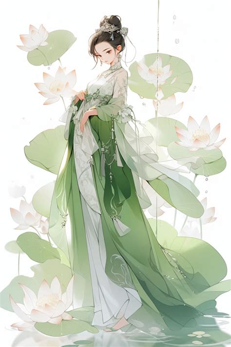 水墨荷叶古装绿衣少女古风女生插画 花瓣网