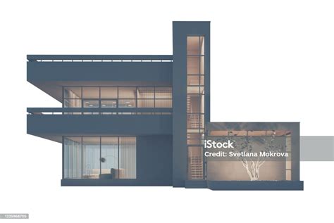 흰색 배경에 고립 된 Wndows에서 야간 조명과 조명이있는 흰색 소재의 현대적인 별장 주택 프로젝트3d 그림 3d 렌더링 스톡