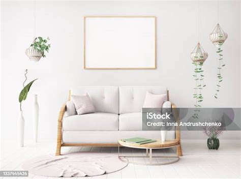 소파와 식물 벽에 포스터 프레임 모형 포스터와 흰색 소파 3d 렌더링현대 거실 인테리어 디자인 0명에 대한 스톡 사진 및 기타 이미지 Istock