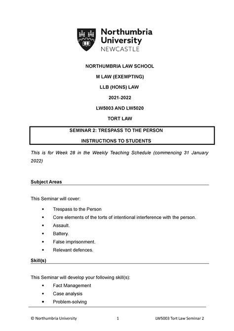 Tort Seminar 2 Tresspass To The Person Northumbria Law School M Law