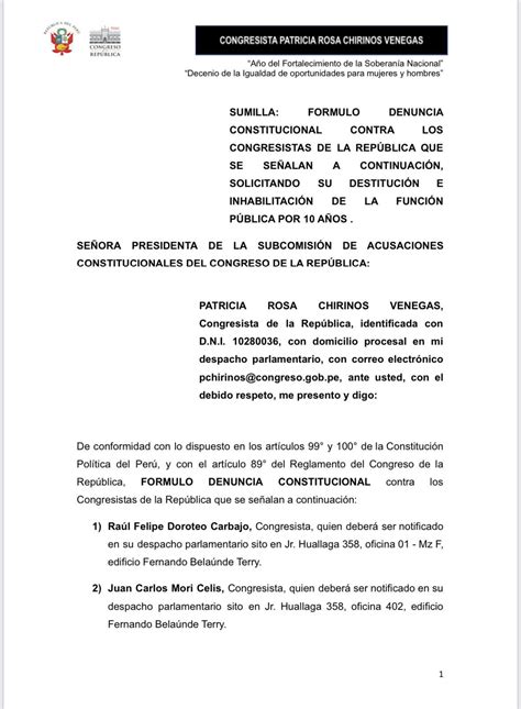 Patricia Chirinos presenta denuncia constitucional contra Los Niños de Acción Popular Infobae